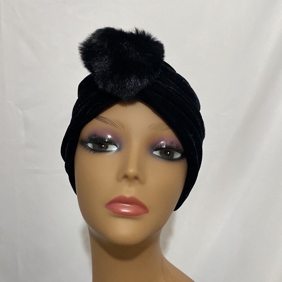 Accessories | Black Velvet Turban With Furry Fuzzy Ball In The Center ...